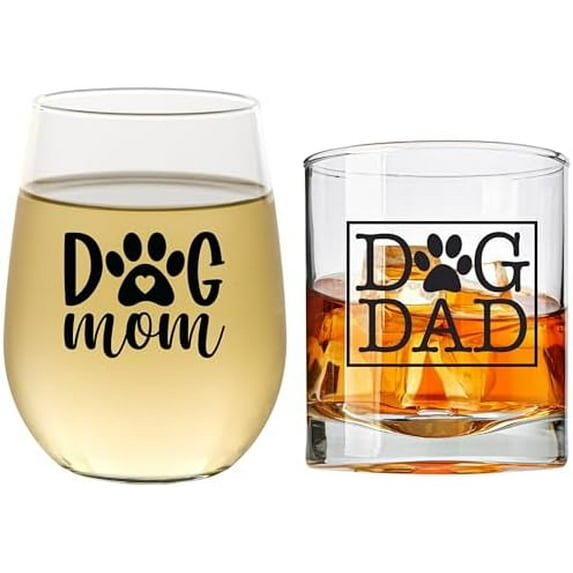 Dog Mom Wine Glass & Dog Dad Whiskey Glass Set - Dog Lover Gifts For ...