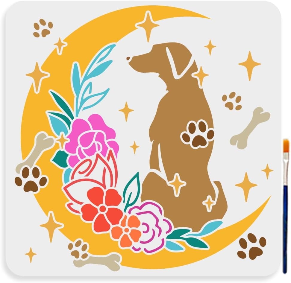 Dog Moon Stencil 11.8×11.8inch Large Floral Dog Paw Print Moon Star ...