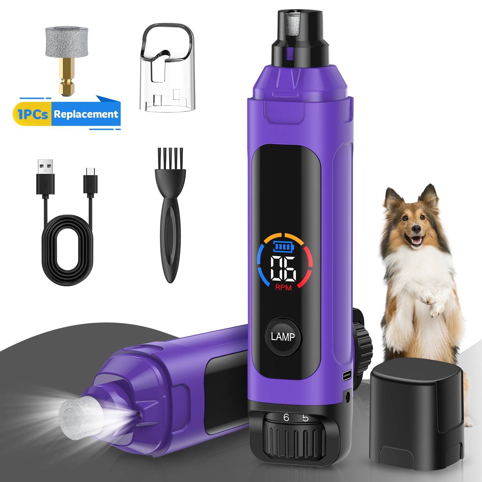 Dog Nail Trimmer Upgraded, Lighted 6-Speed Rechargeable Electric Dog ...