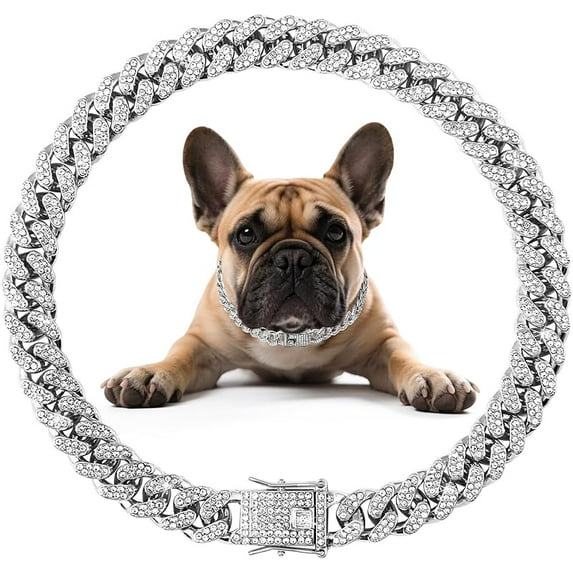 Dog Necklace Metal Cuban Link Dog Collar Gold Crystal Chain Collar with ...