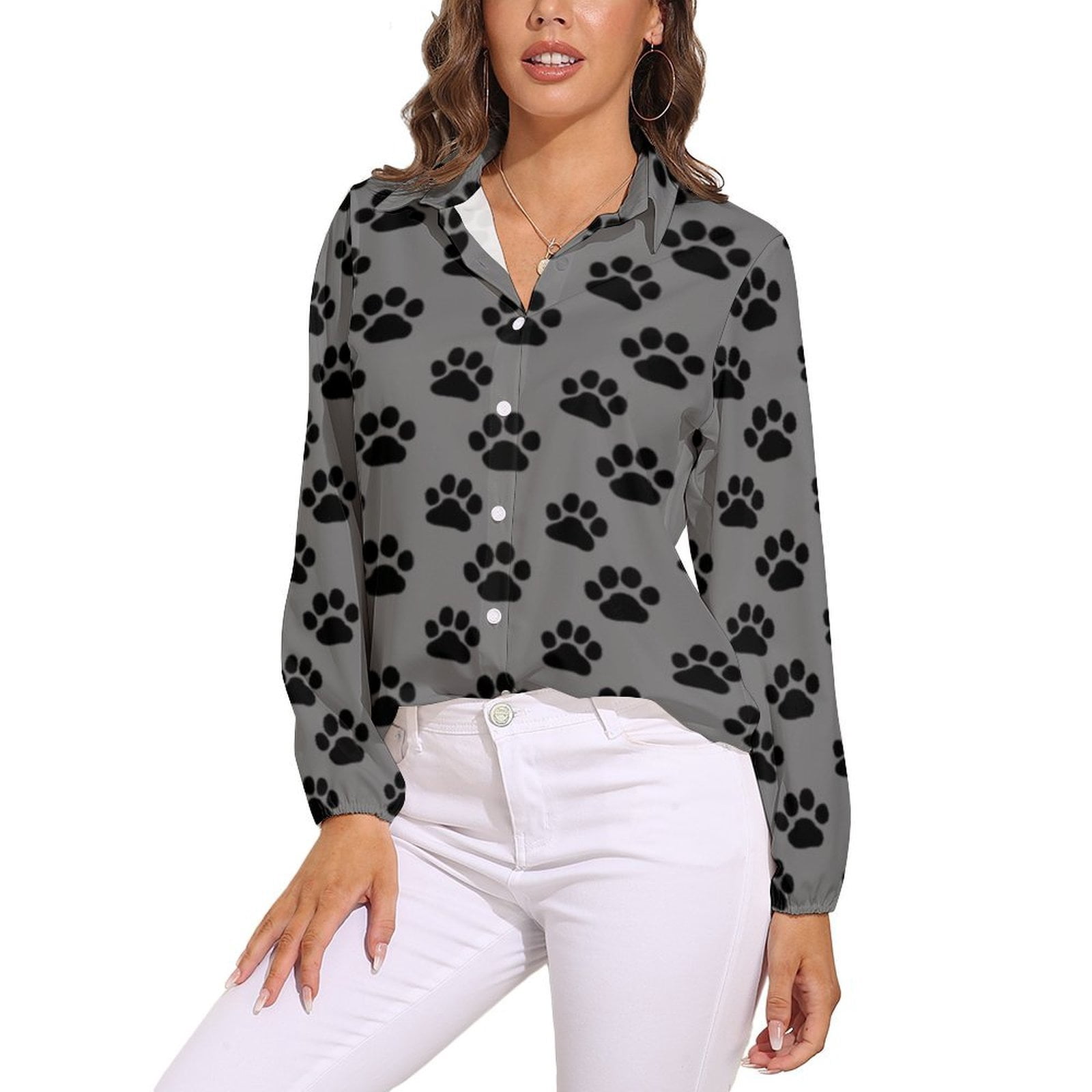 Dog Or Cat Paw Prints Long Sleeve Blouse Woman Streetwear Casual Shirts ...