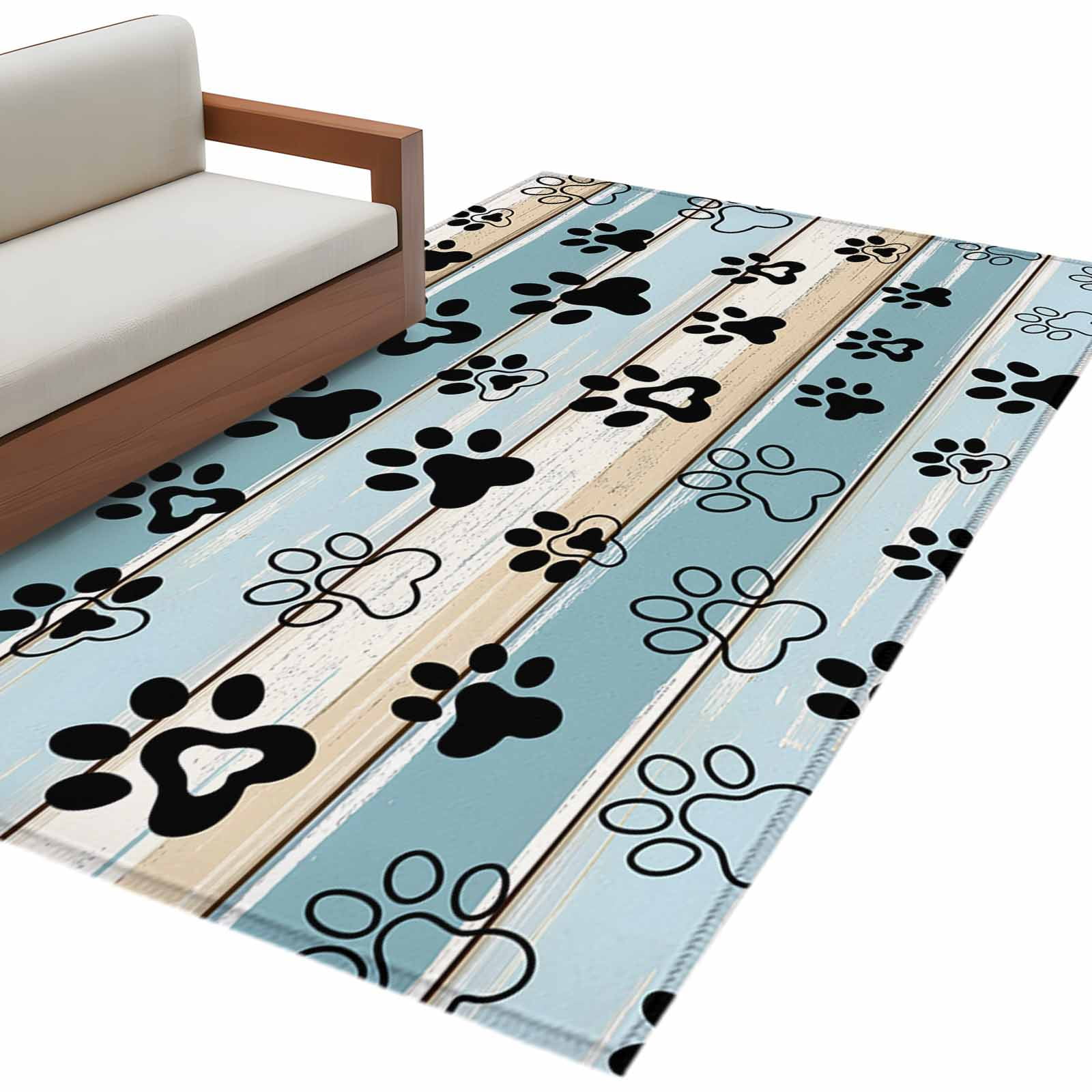 Dog Paw Area Rug 4x6ft Blue Wood Grain Non-Slip Washable Square Rugs ...