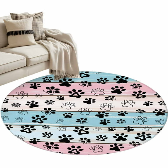 Dog Paw Cat Paw Round Area Rug 3ft Pink Blue Wood Grain Non-Slip ...