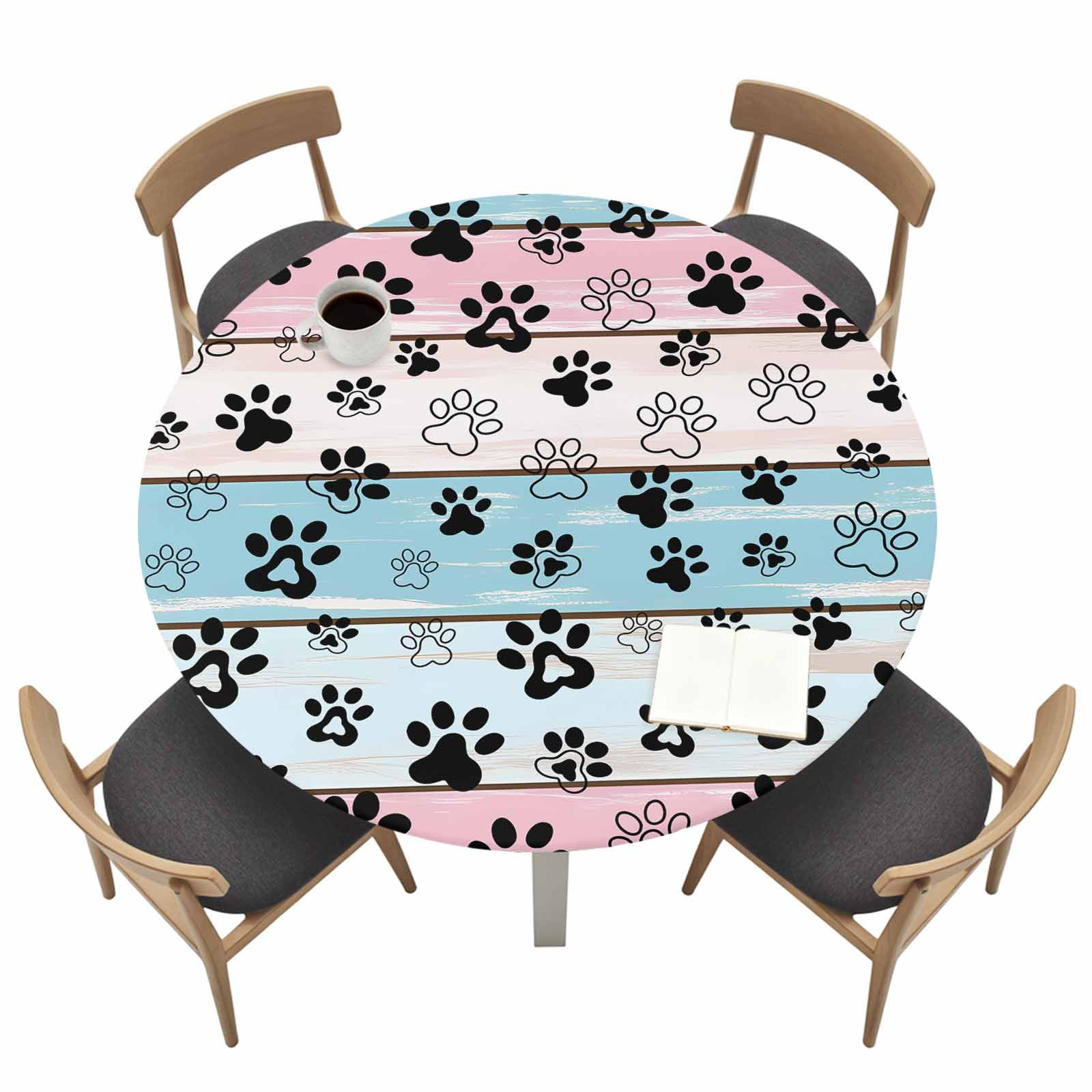 Dog Paw Cat Paw Round Fitted Tablecloth with Elastic Edge Pink Blue ...