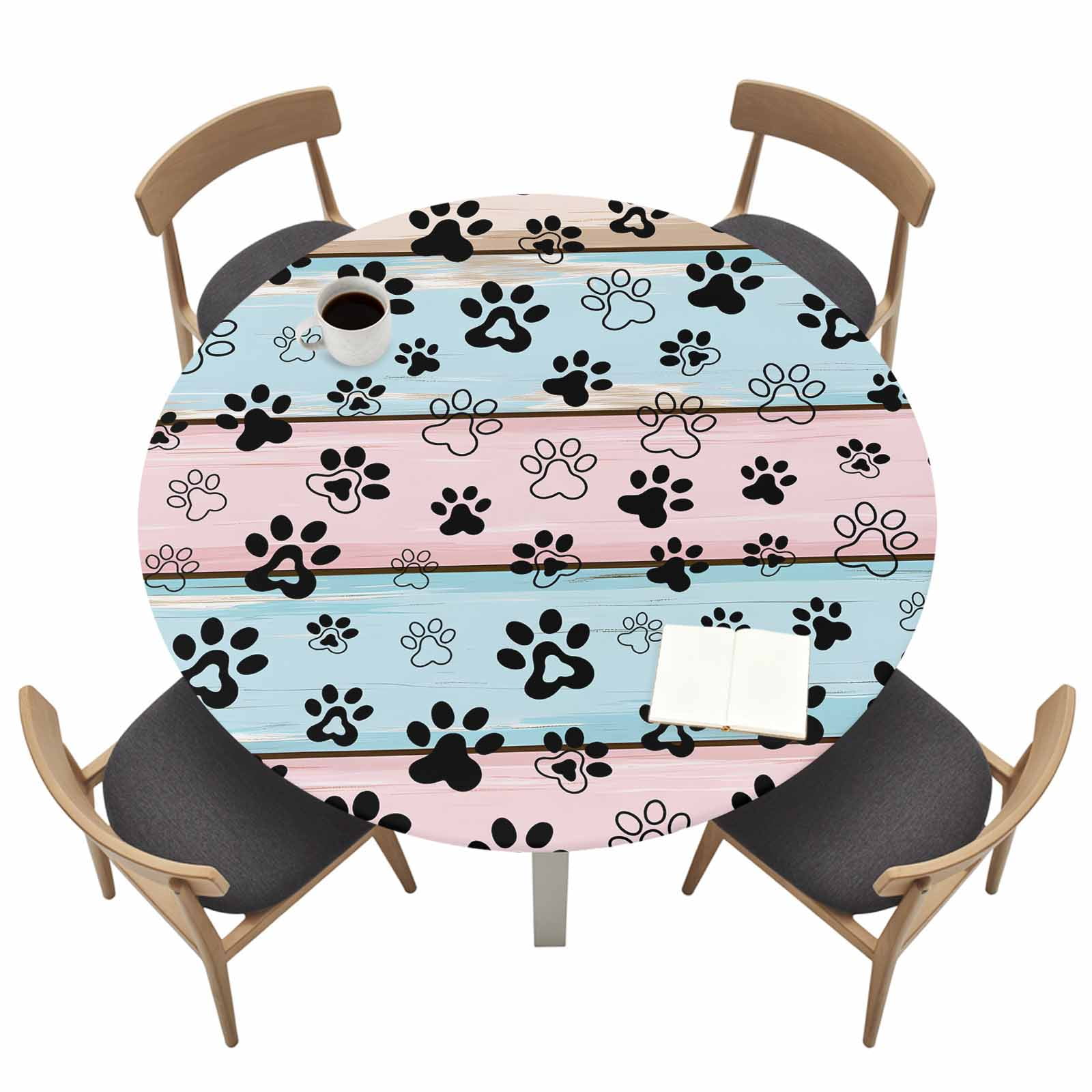 Dog Paw Cat Paw Round Fitted Tablecloth with Elastic Edge Pink Blue ...