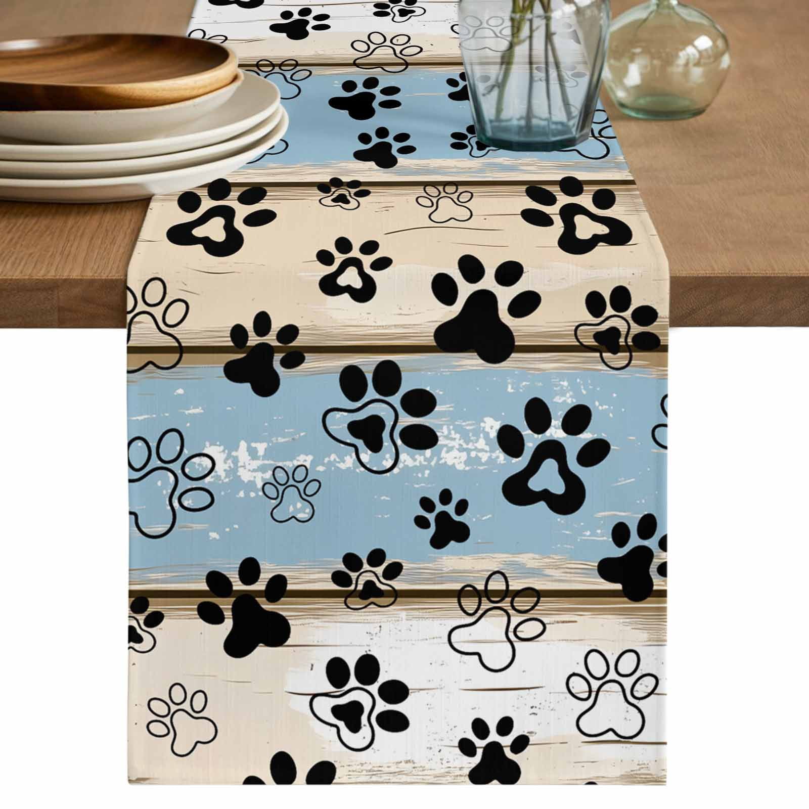 Dog Paw Cat Paw Table Runner, Brown Blue Wood Grain Cotton Linen ...