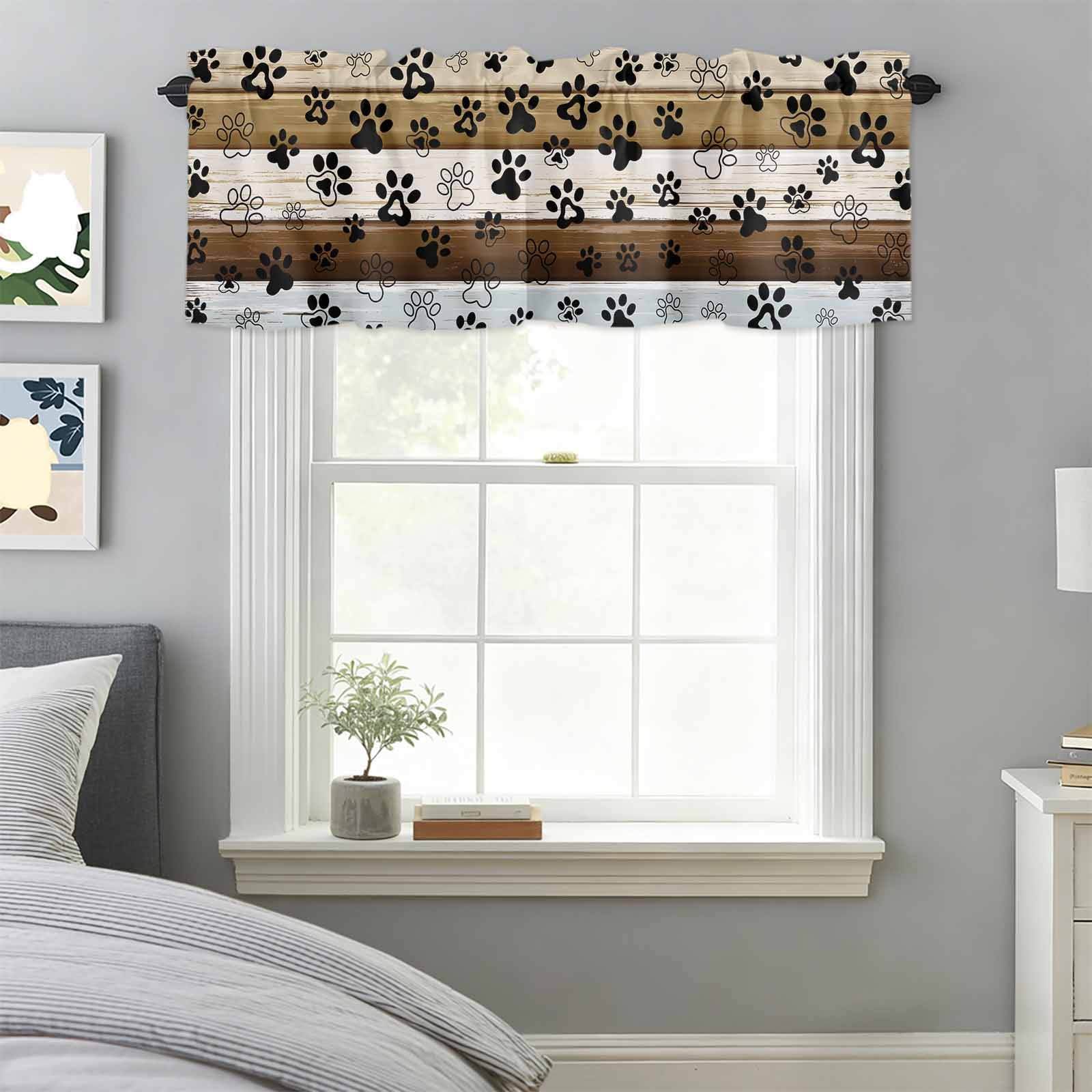 Dog Paw Cat Paw Window Valance for Kitchen, Brown Beige Wood Grain Rod ...