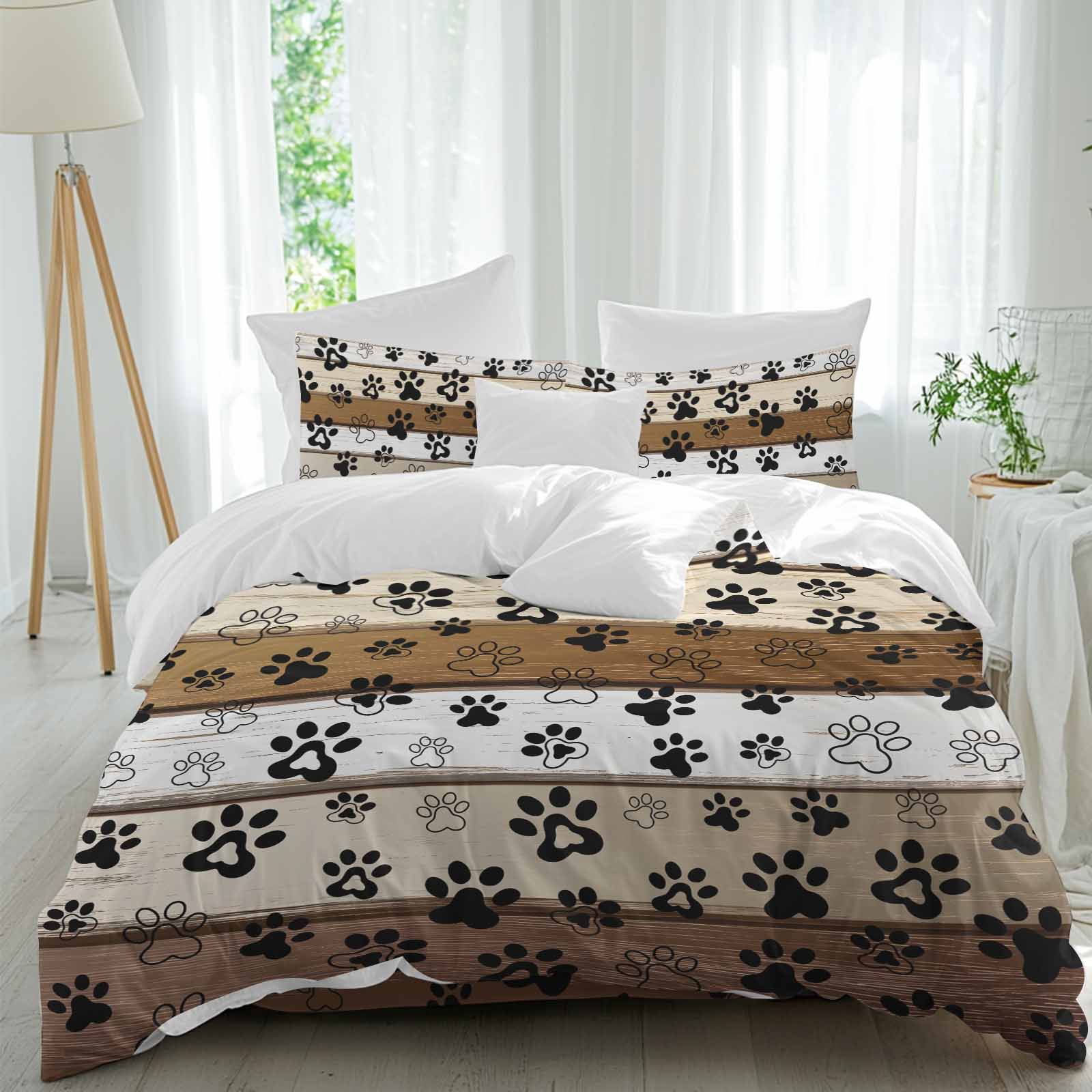 Dog Paw Duvet Cover Set Queen Size Farmhouse Wood Grain Vintage Brown ...