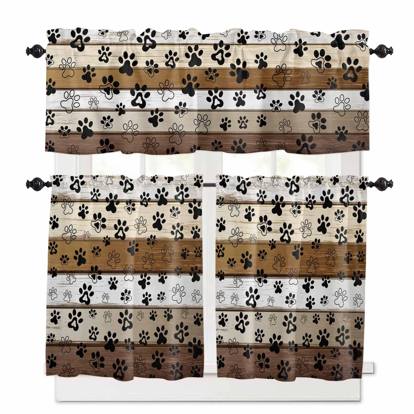 Dog Paw Kitchen Curtains Valance and Tier Set Farmhouse Wood Grain Rod ...