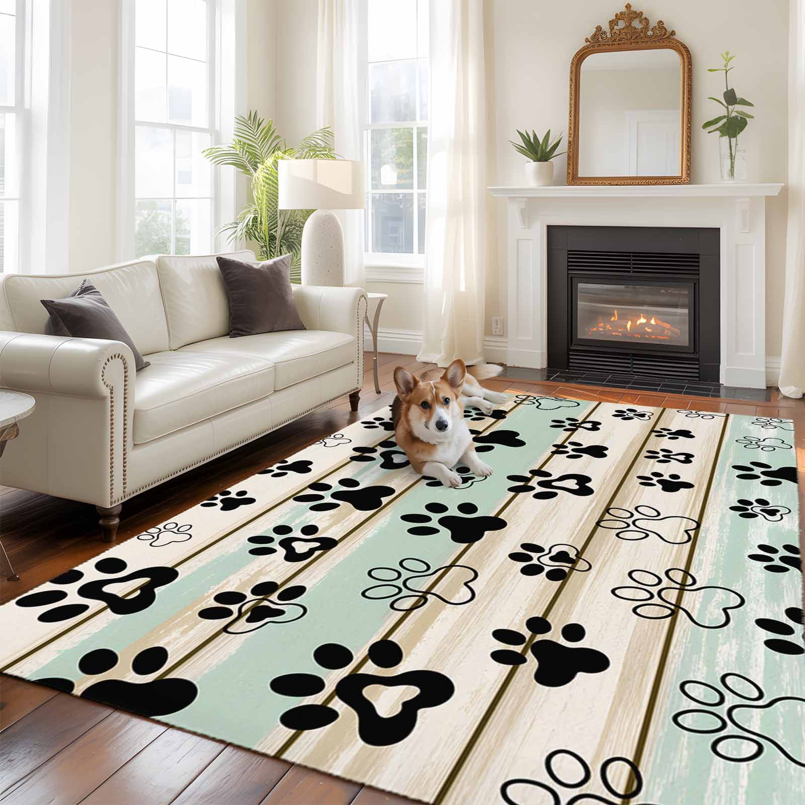 Dog Paw Large Area Rugs 8x10 ft Farmhouse Wood Grain Vintage Green ...