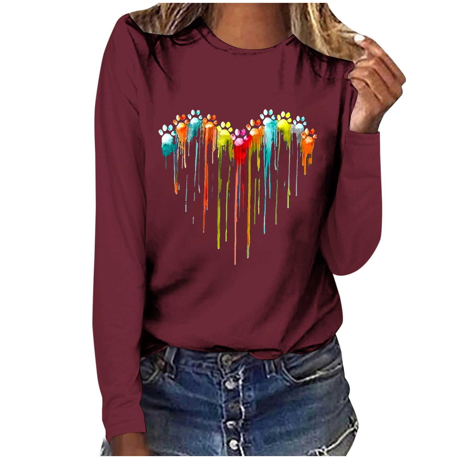 Dog Paw Love Heart Print Top for Women Long Sleeve Cute Graphic Tees ...