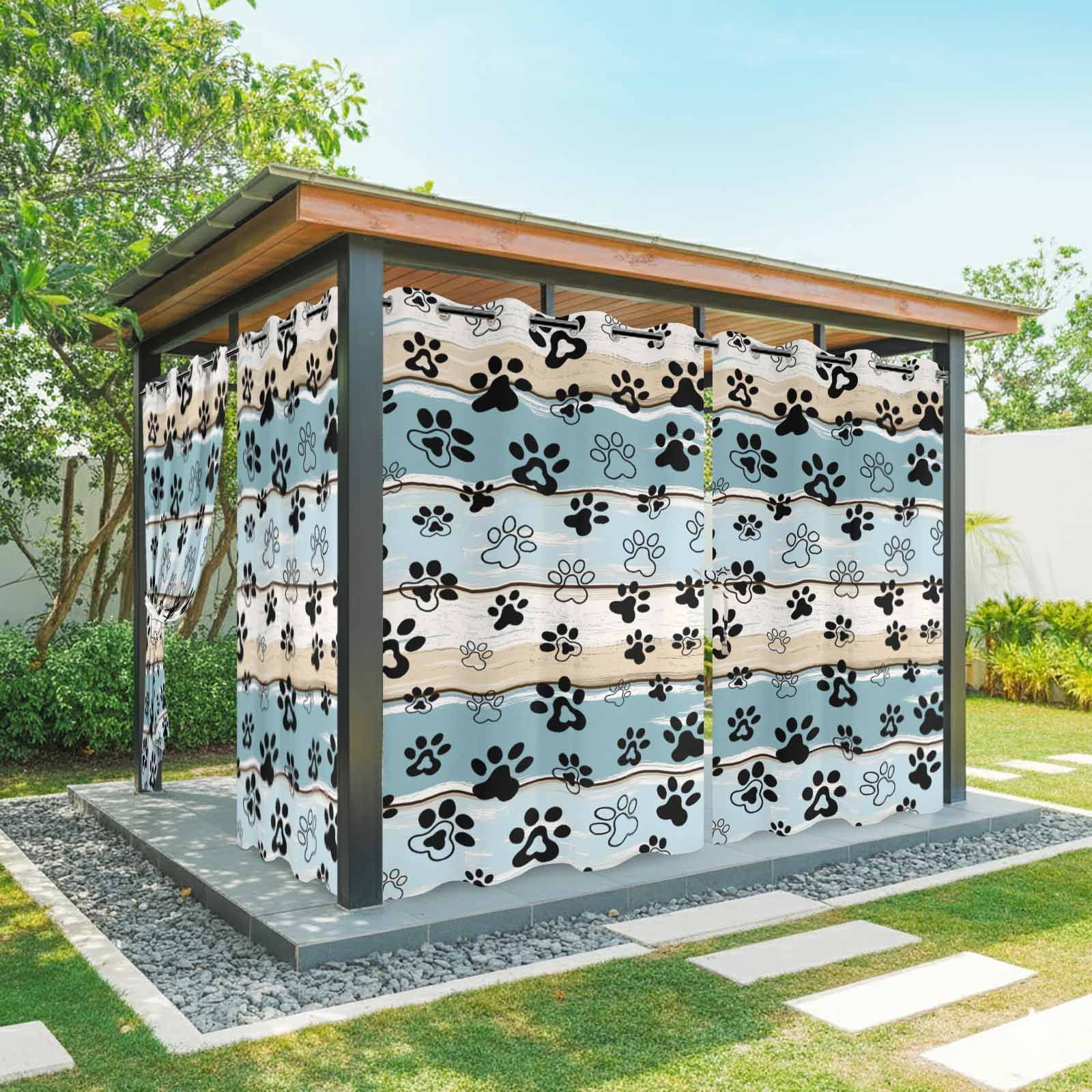 Dog Paw Outdoor Curtains for Patio Waterproof, Blue Wood Grain ...