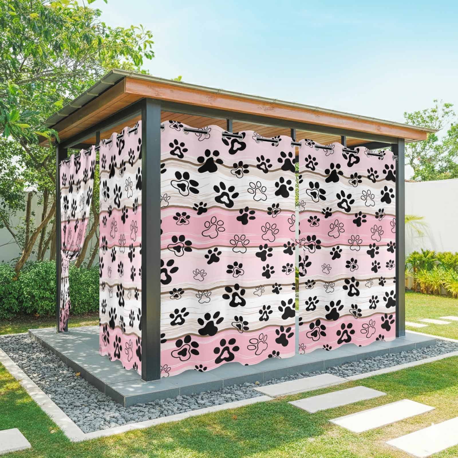 Dog Paw Outdoor Curtains for Patio Waterproof, Pink Wood Grain ...