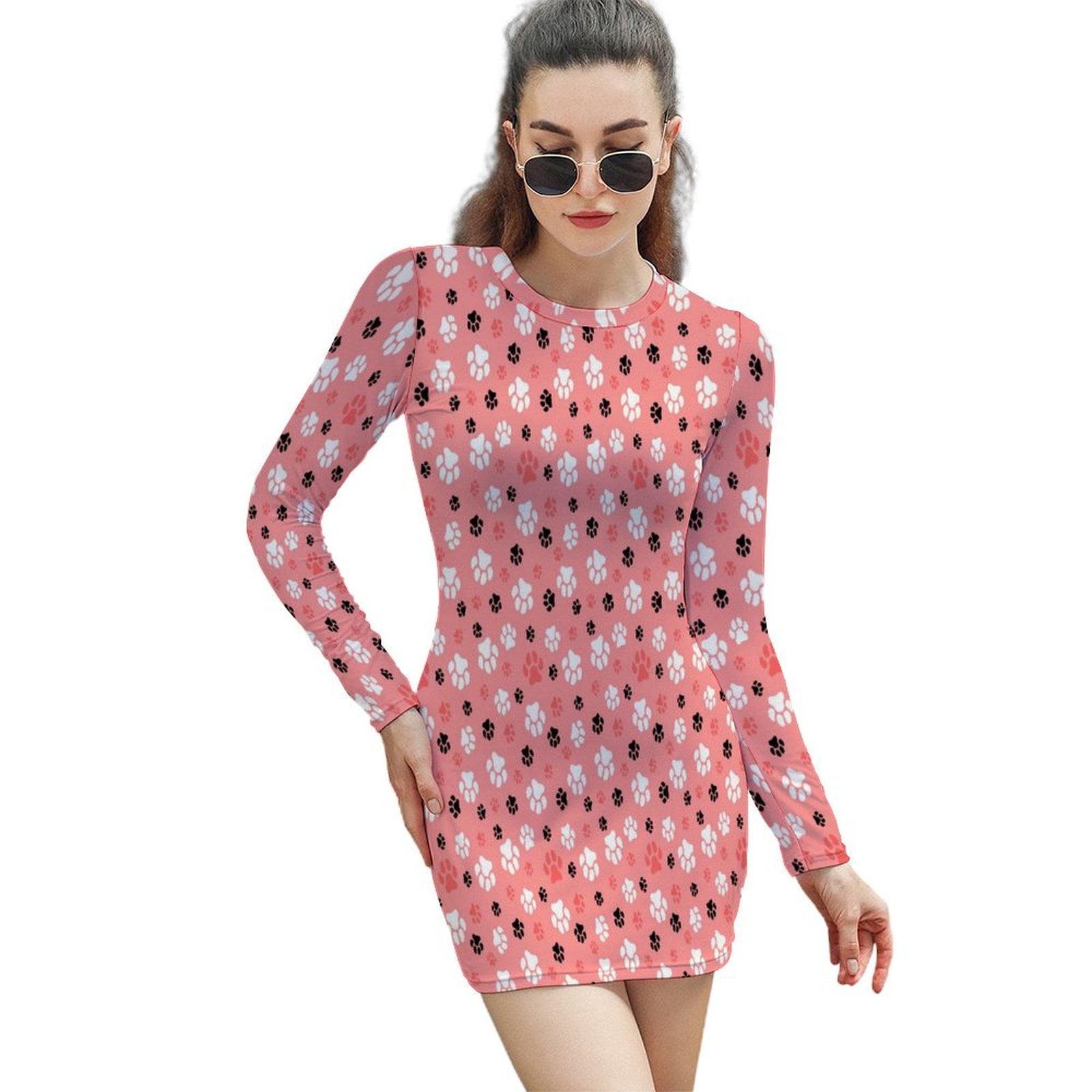 Dog Paw Pink Peach Background Women's Long Sleeve Bodycon Dress Soft ...