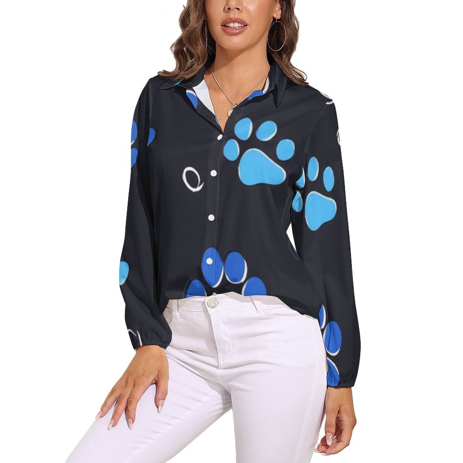Dog Paw Print-2 Vntage Casual Long Sleeve Shirt Blouse Woman Streetwear ...