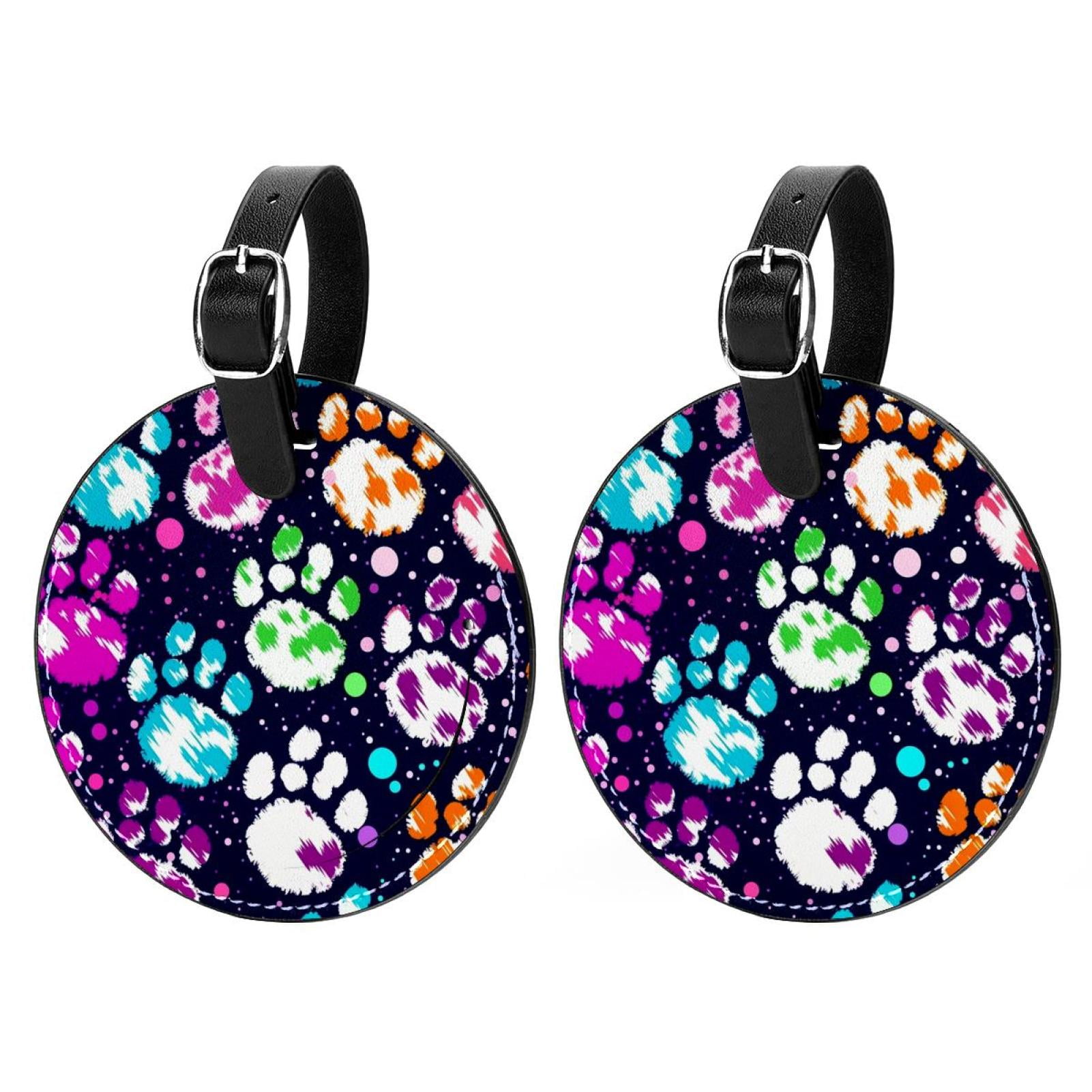 Dog Paw Print 2Pcs PU Leather Round Luggage Tags with Privacy Cover and ...