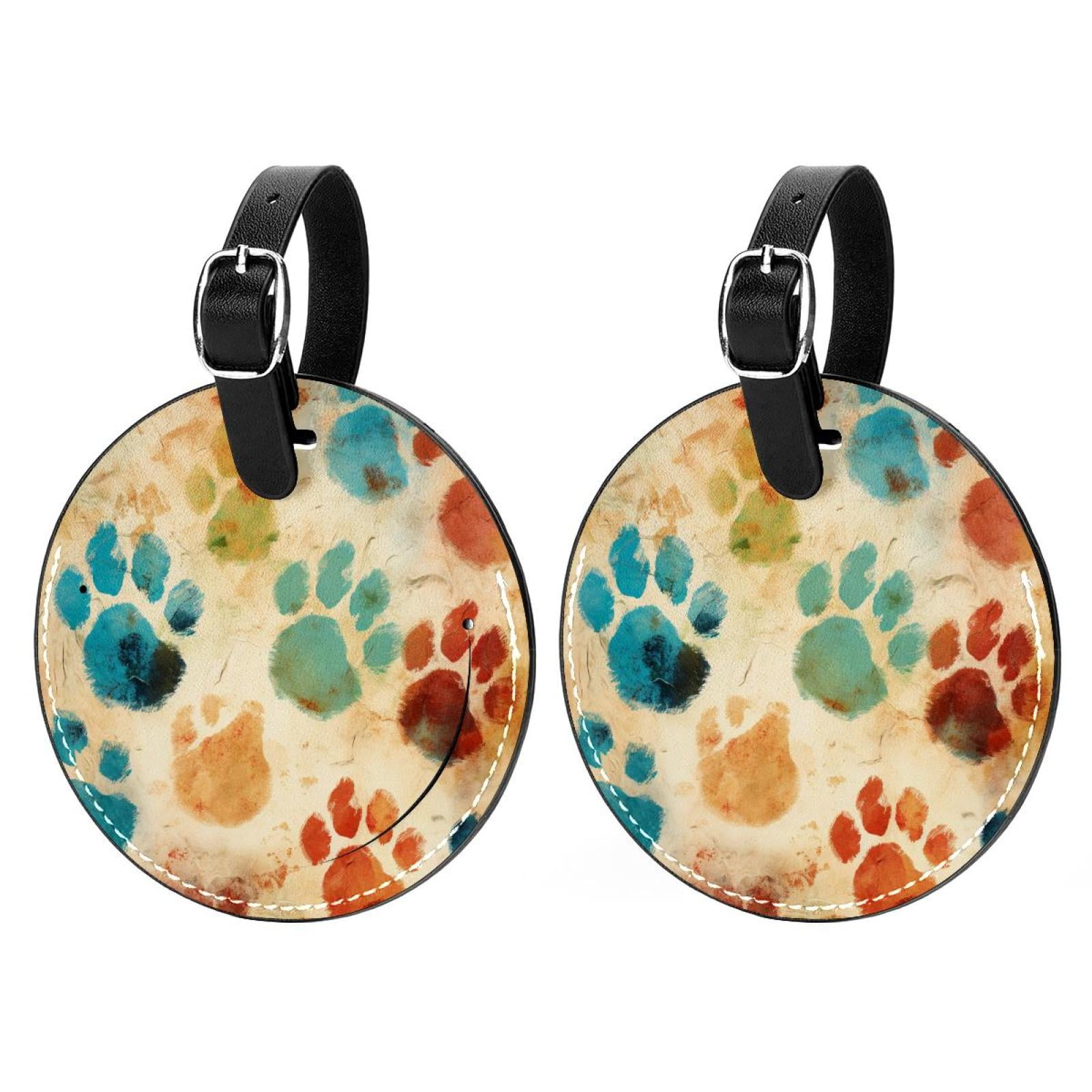Dog Paw Print 2Pcs PU Leather Round Luggage Tags with Privacy Cover and ...