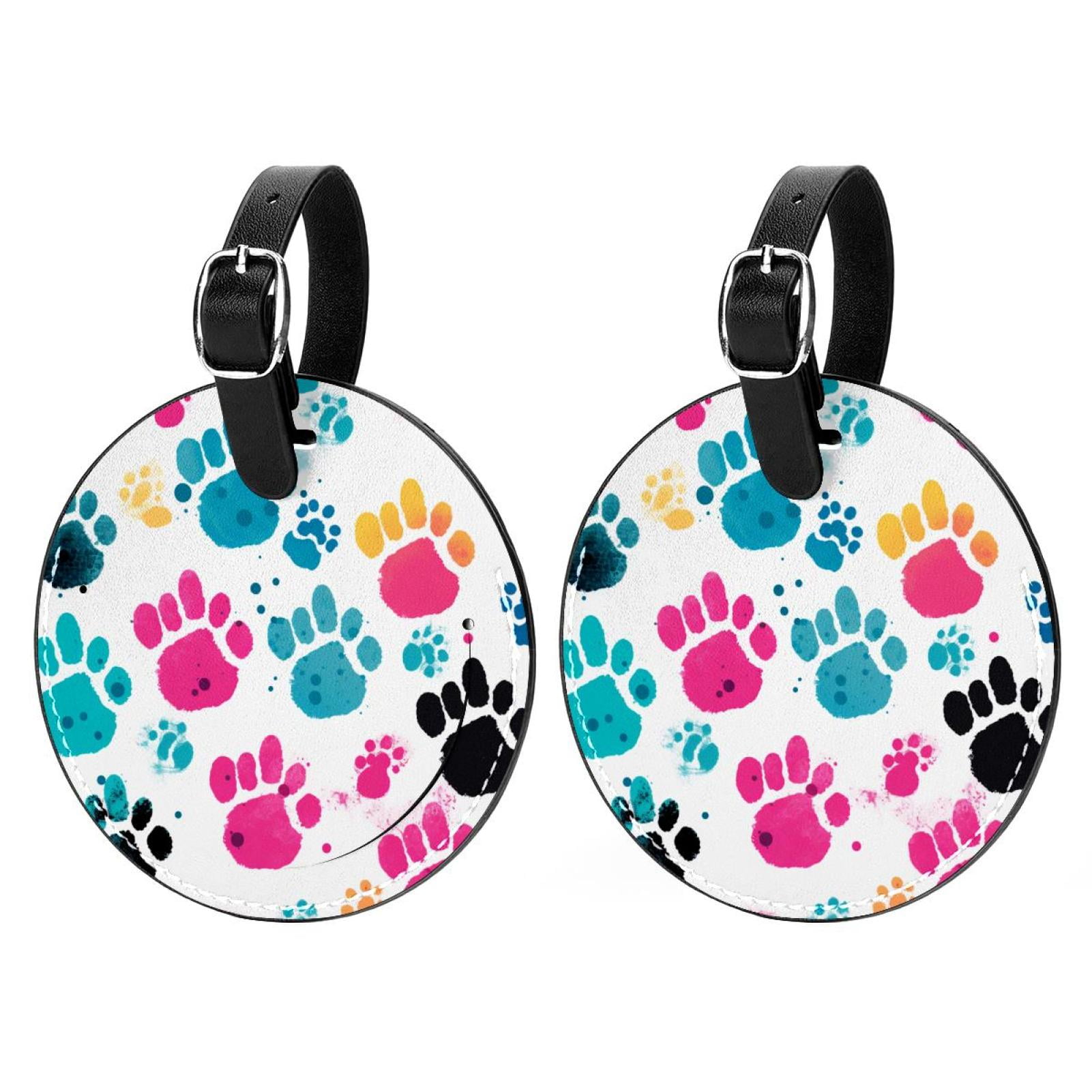 Dog Paw Print 2pcs PU Leather Round Bag Tags with Privacy Cover and ...