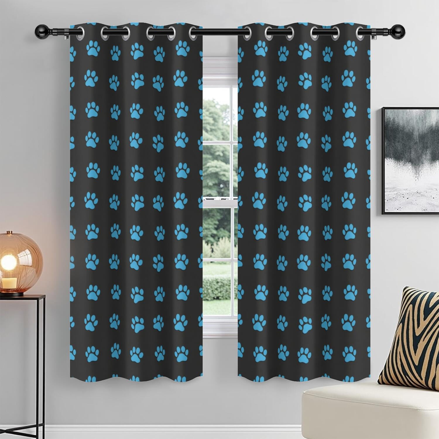 Dog Paw Print Black Pattern Blackout Curtains,Triple Weaved Fabric ...