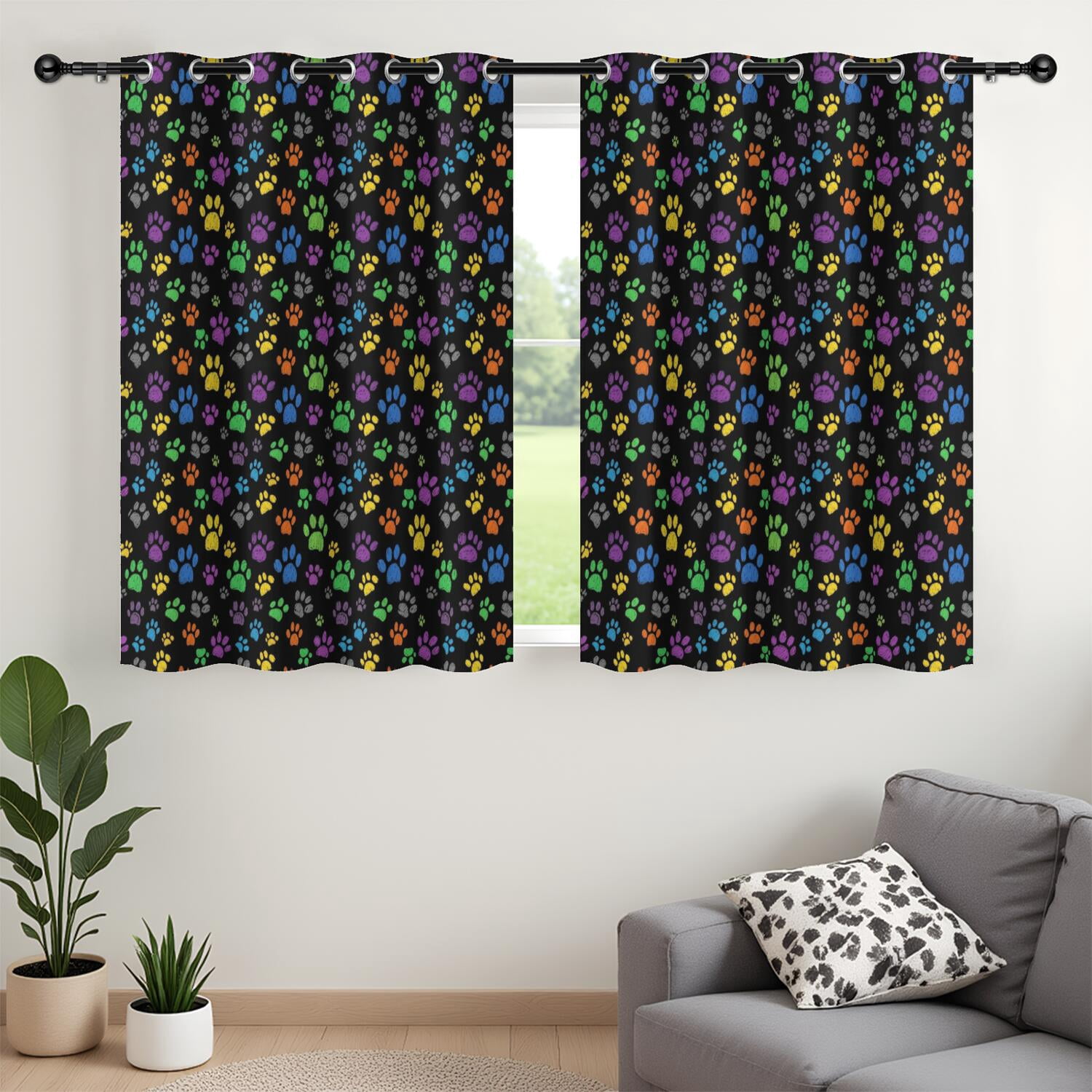 Dog Paw Print Black Pattern Blackout Curtains,Triple Weaved Fabric ...