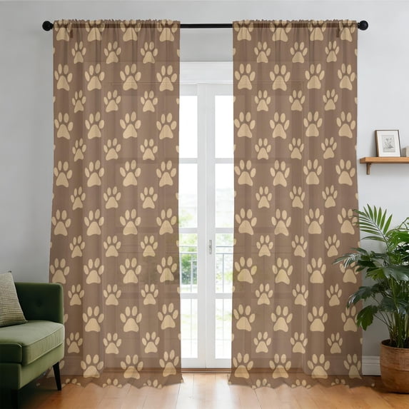Dog Paw Print Brown Pattern Sheer Curtains, Voile Drapes with Dual Rod ...