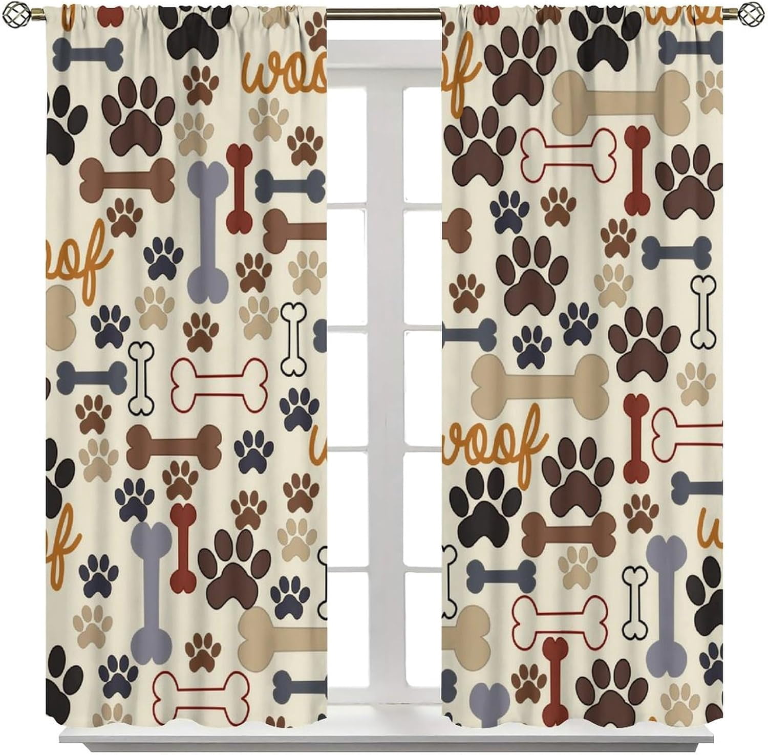Dog Paw Print Curtains, Brown Beige Cartoon Dog Paw and Bone Window ...