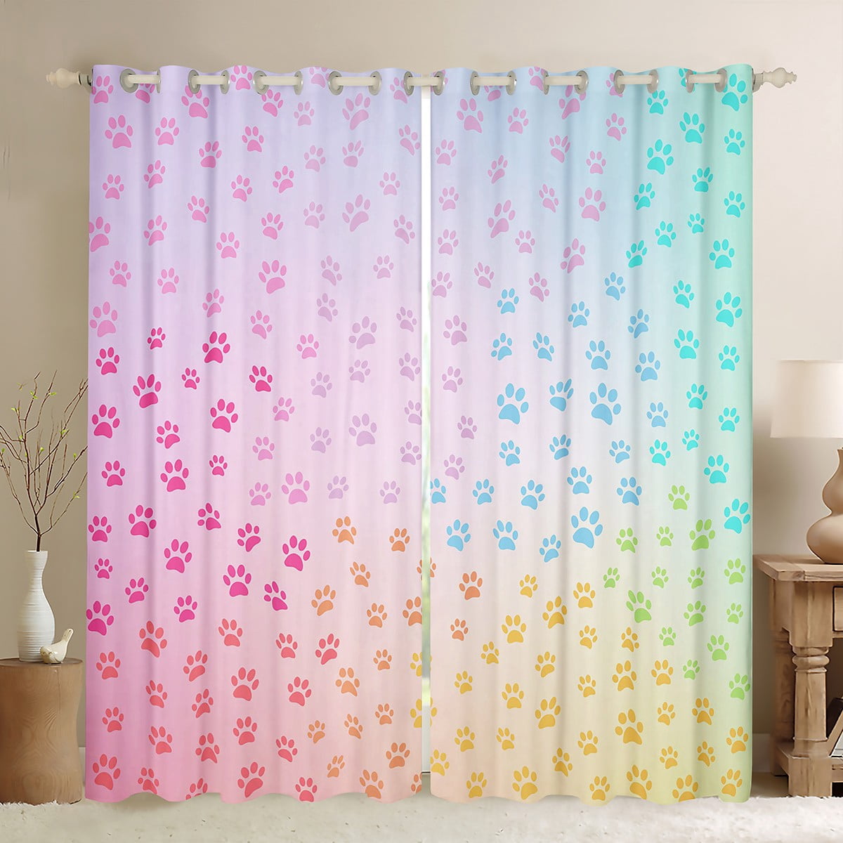 Dog Paw Print Curtains,Rainbow Tie Dye 30%-50% Blackout Curtains Kawaii ...