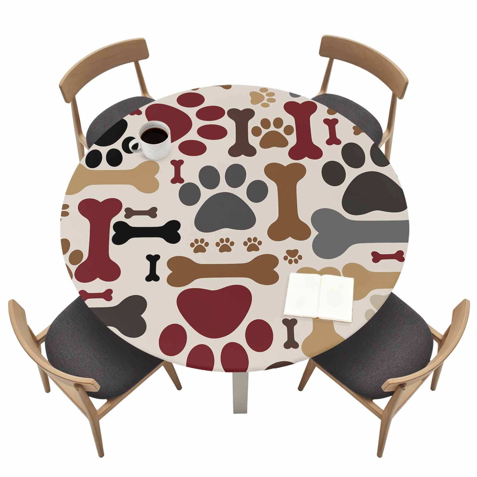 Dog Paw Print Fitted Tablecloth with Elastic Edged, Round Table Cloth ...