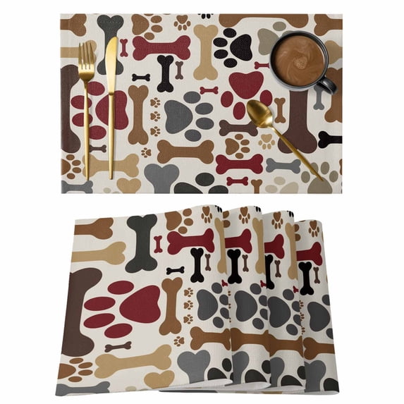 Dog Paw Print Placemats Set of 8, Cartoon Red Brown Animals Paw Bones ...