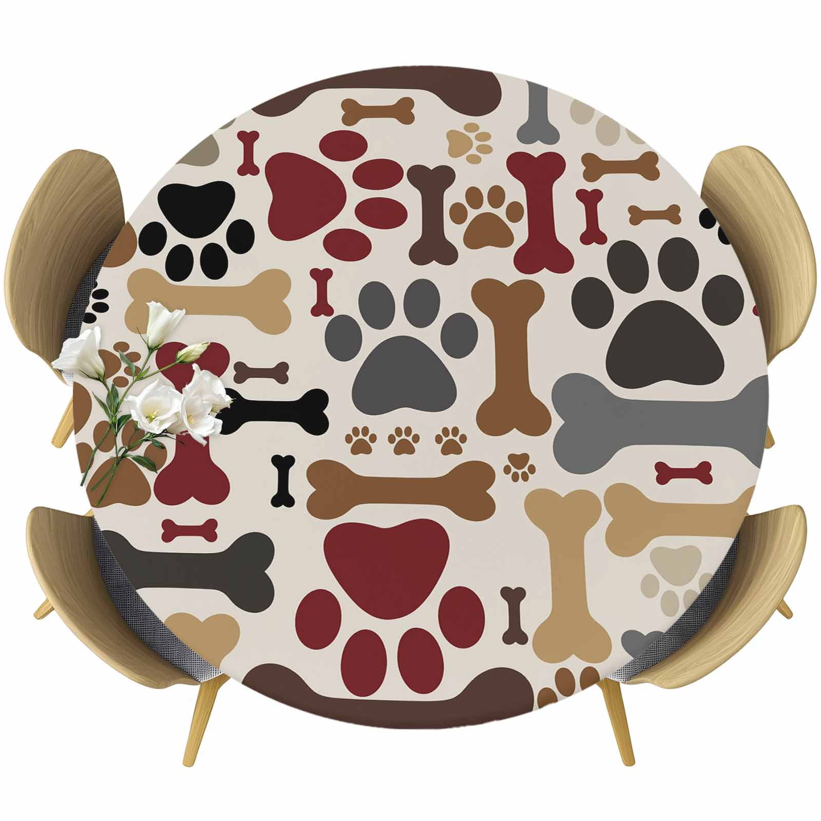 Dog Paw Print Round Tablecloth, Fitted Table Cover with Elastic for 45 ...