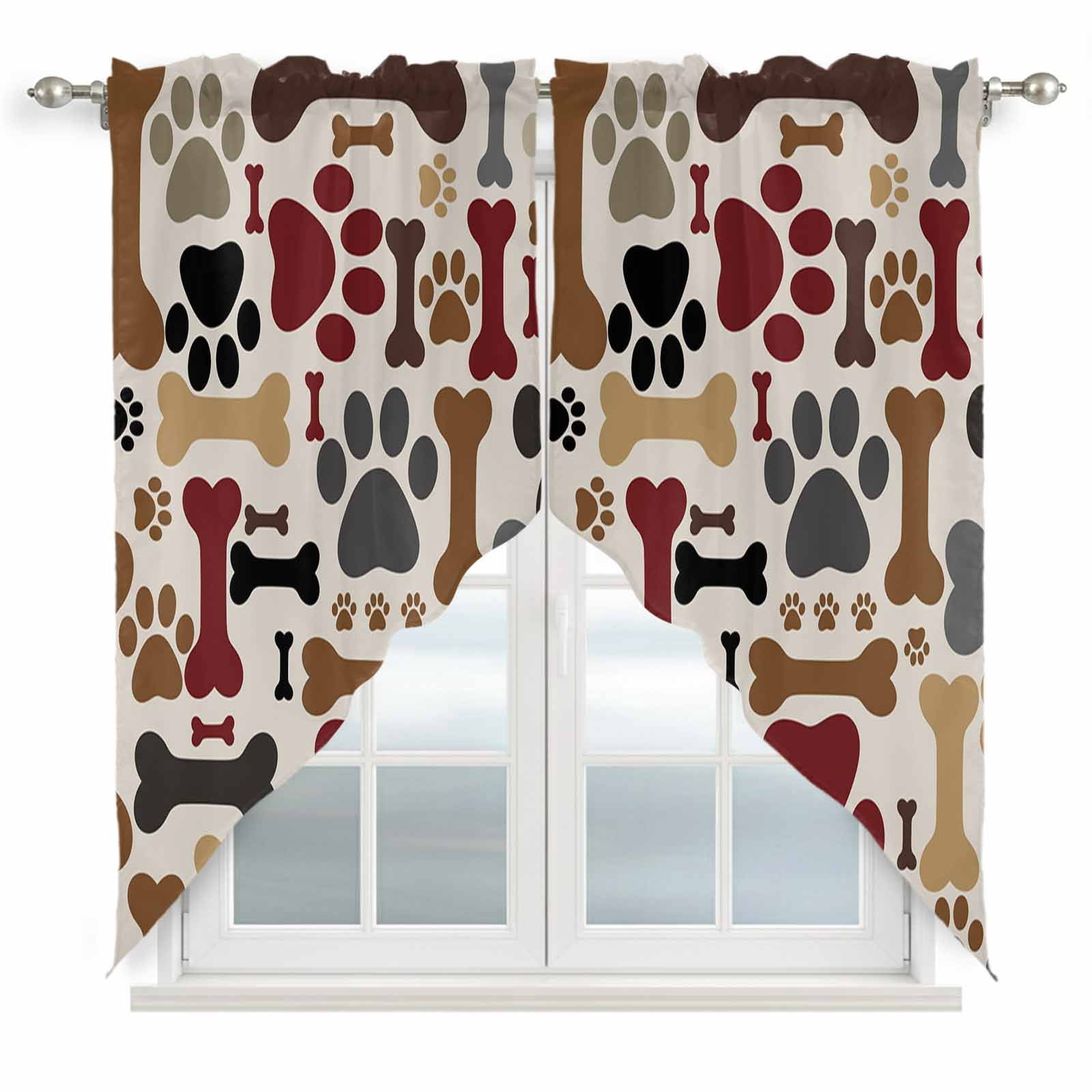 Dog Paw Print Swag Curtains Cartoon Red Brown Animals Paw Bones Swag ...