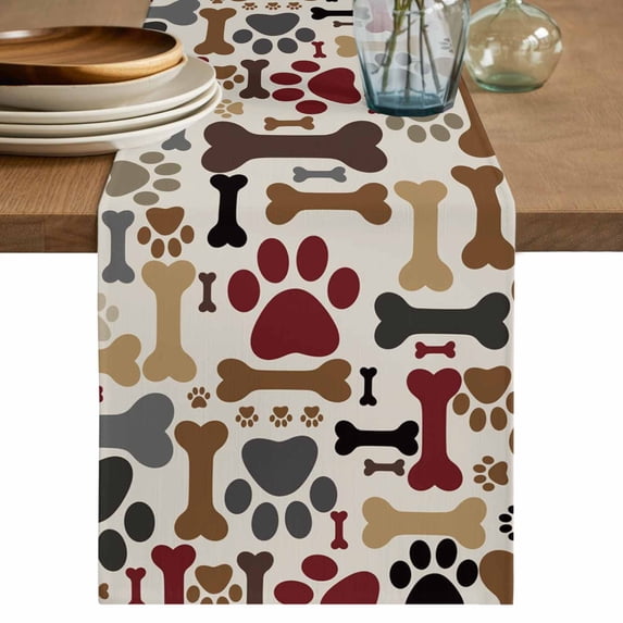 Dog Paw Print Table Runner 108 Inches, Cartoon Red Brown Animals Paw ...