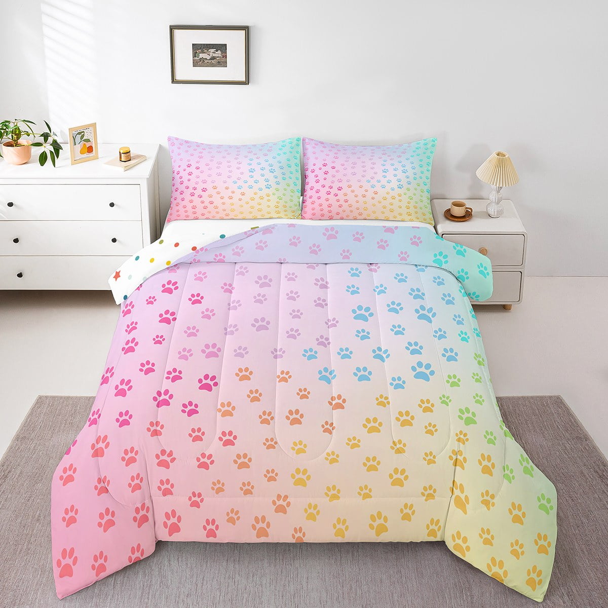 Dog Paw Print Toddler Comforter Set,Rainbow Tie Dye Bedding Set Kawaii ...