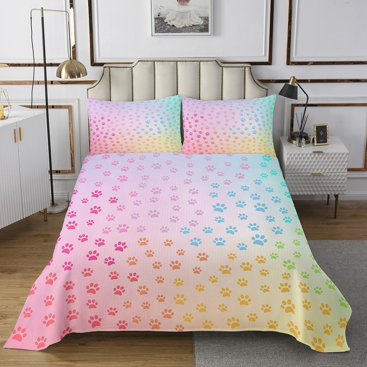 Dog Paw Print Twin Bedspread Set,Rainbow Tie Dye Quilt Set Kawaii Room ...