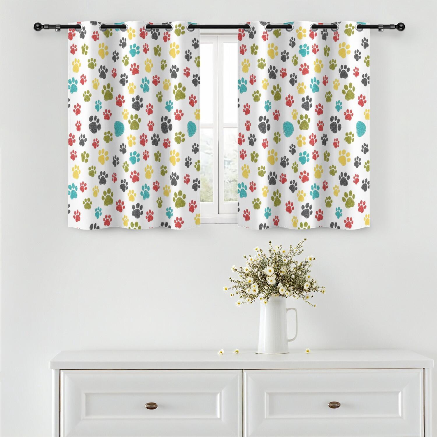Dog Paw Print White Pattern Blackout Curtains,Triple Weaved Fabric ...