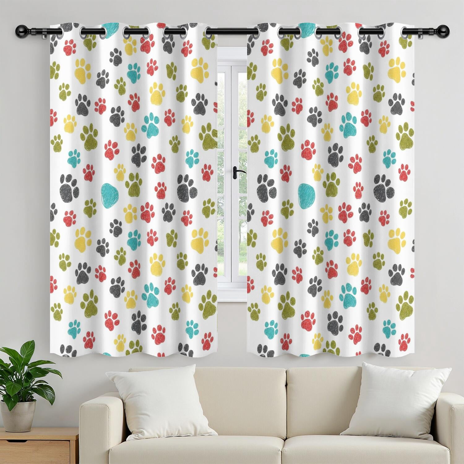 Dog Paw Print White Pattern Blackout Curtains,Triple Weaved Fabric ...