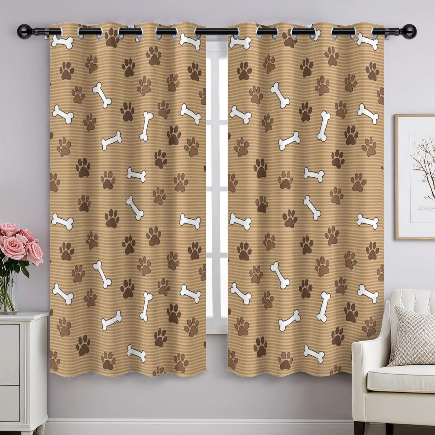 Dog Paw Print and Bone Brown Blackout Curtains,Triple Weaved Fabric ...