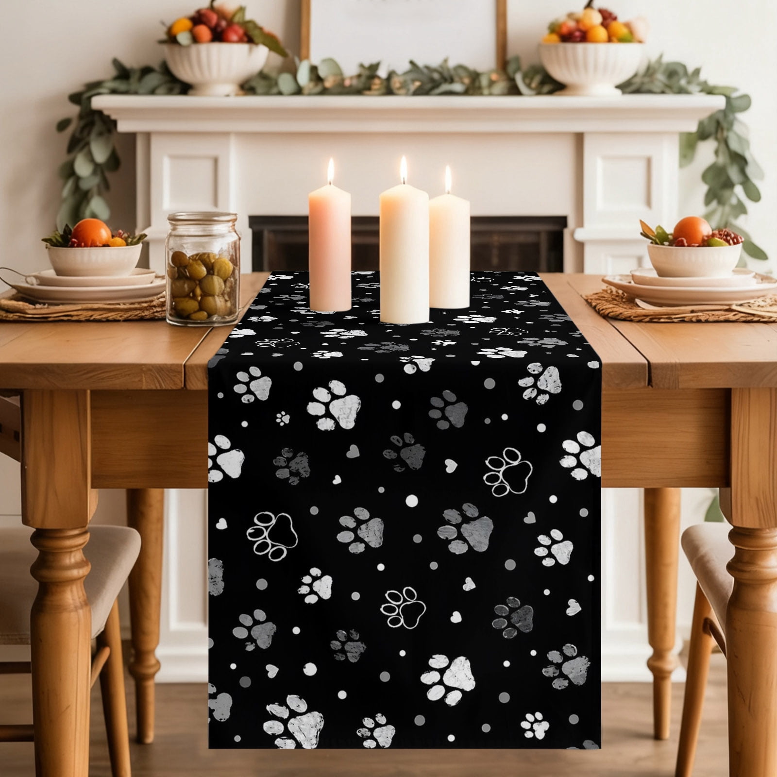 Dog Paw Prints Table Runner 13x108 Inch Gray White Cat Paws Animal ...