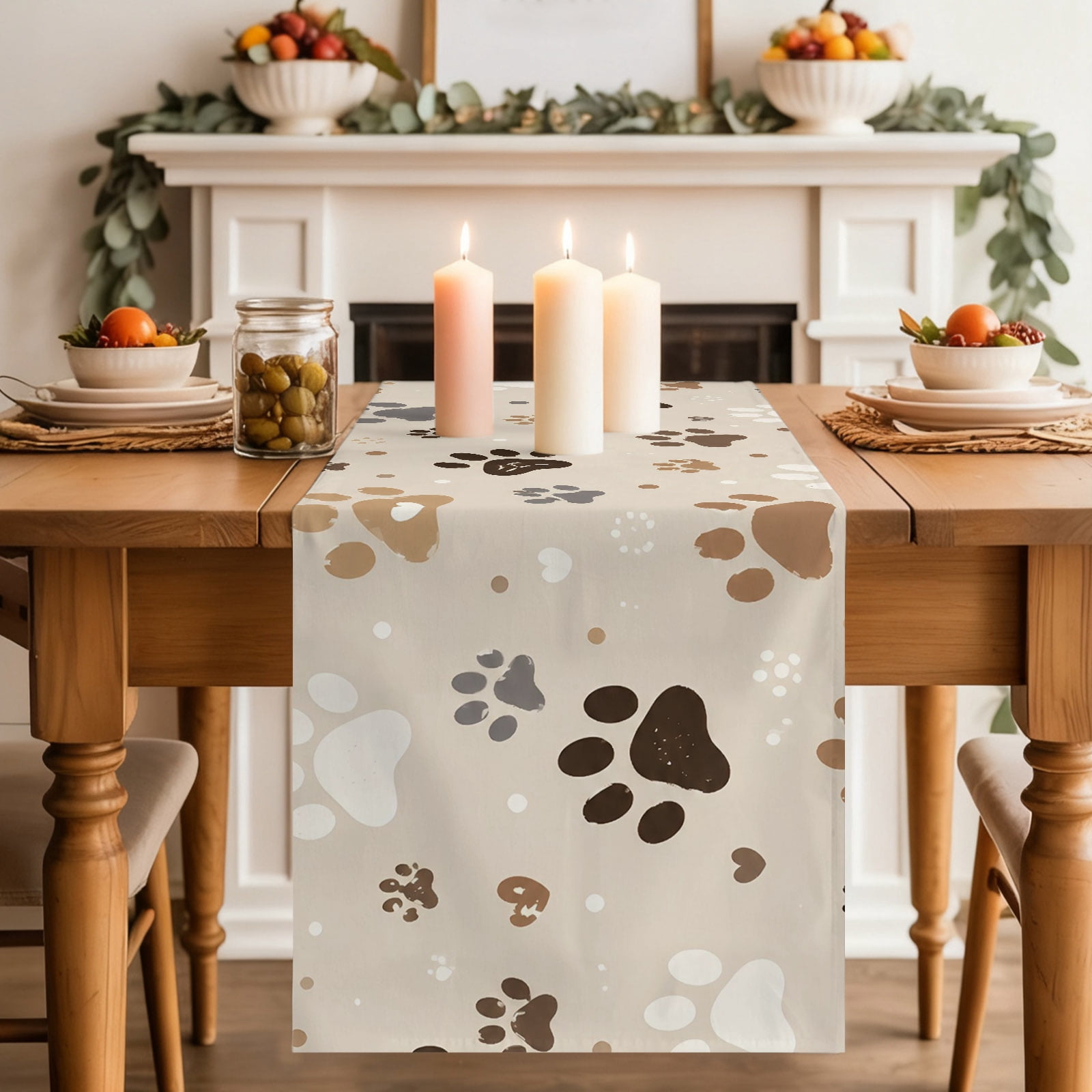 Dog Paw Prints Table Runner 18x72 Inch Brown Khaki Beige Cat Paws ...