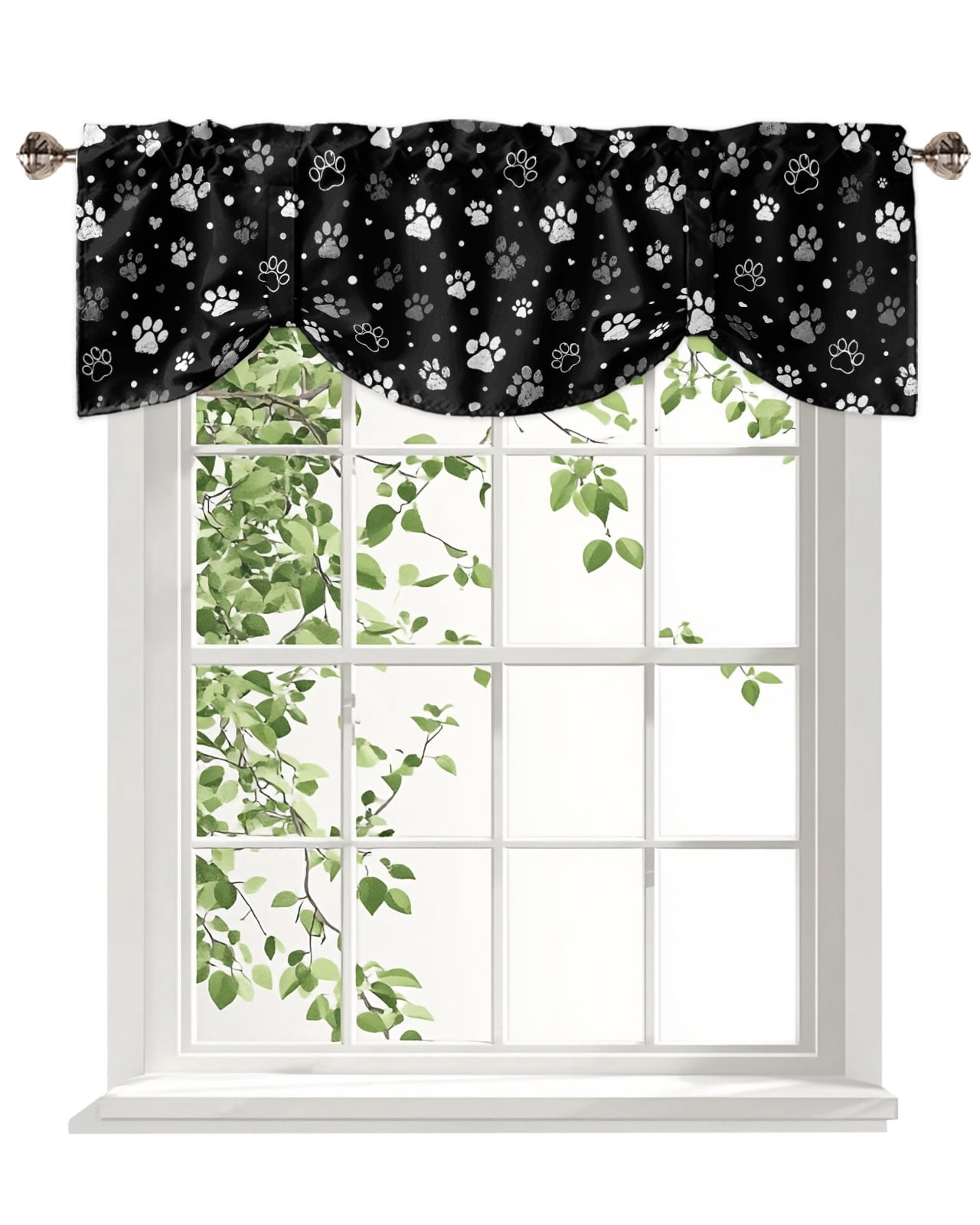 Dog Paw Prints Tie Up Valances Curtain, Gray White Cat Paws Animal ...