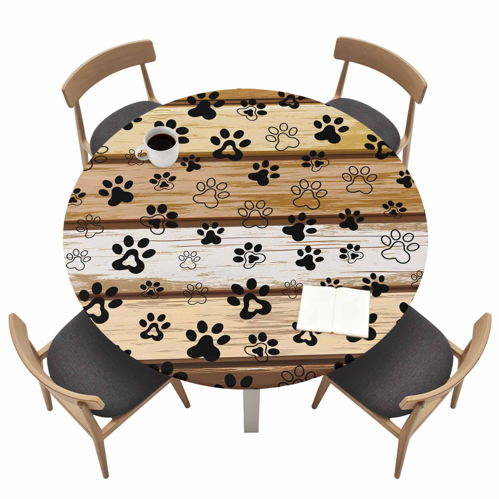 Dog Paw Round Fitted Tablecloth with Elastic Edge Brown Wood Grain ...
