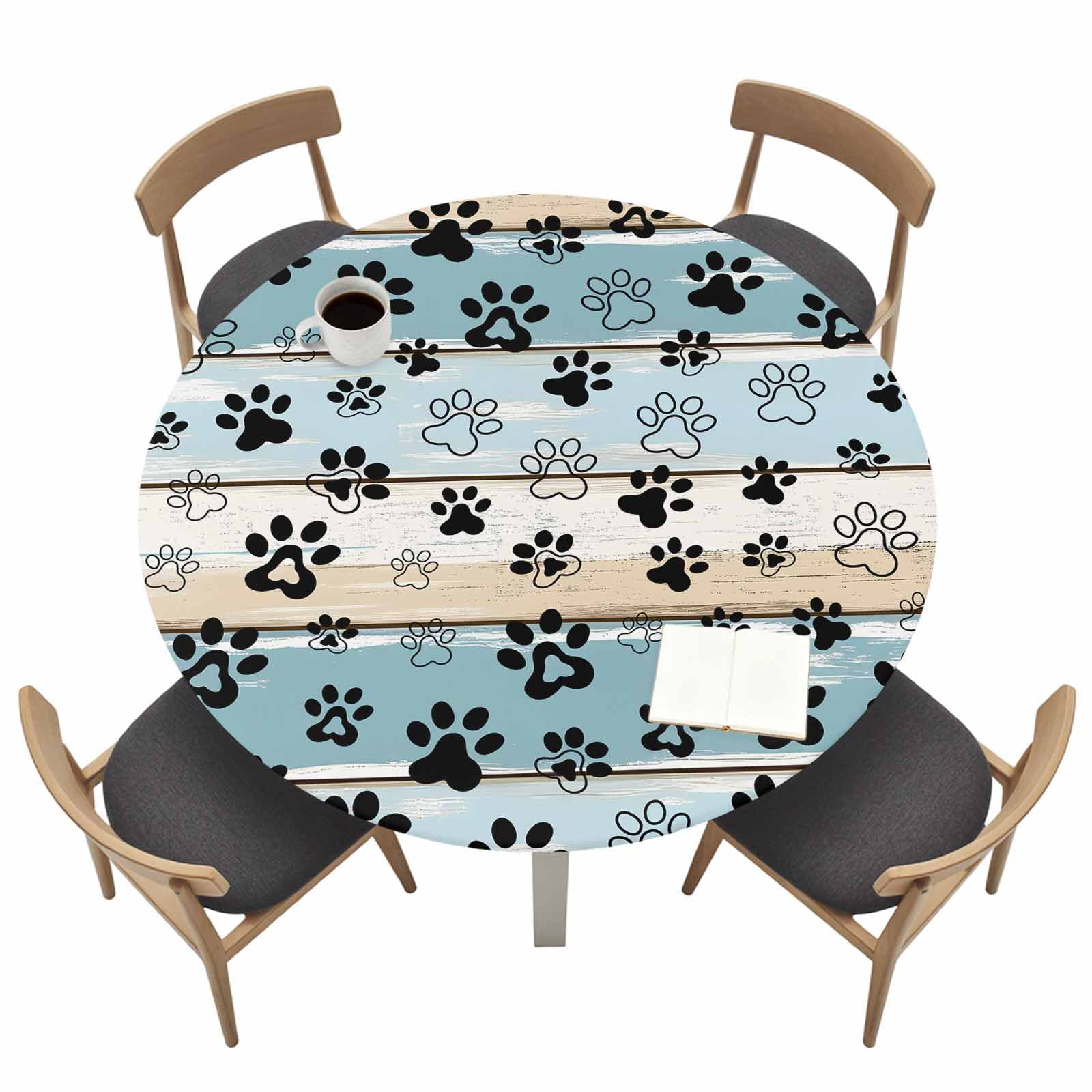 Dog Paw Round Fitted Tablecloth with Elastic Edge Blue Wood Grain Table ...