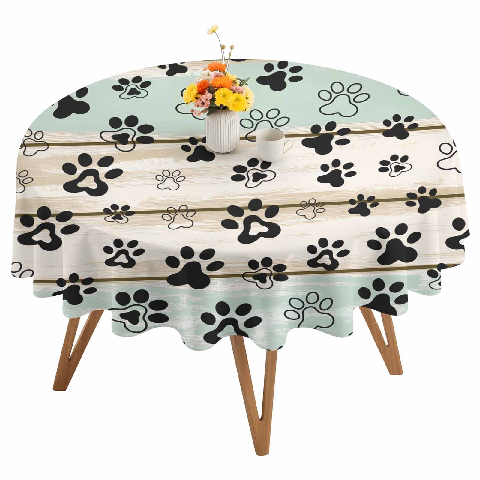 Dog Paw Round Tablecloth 54 inches Farmhouse Wood Grain Vintage Green ...
