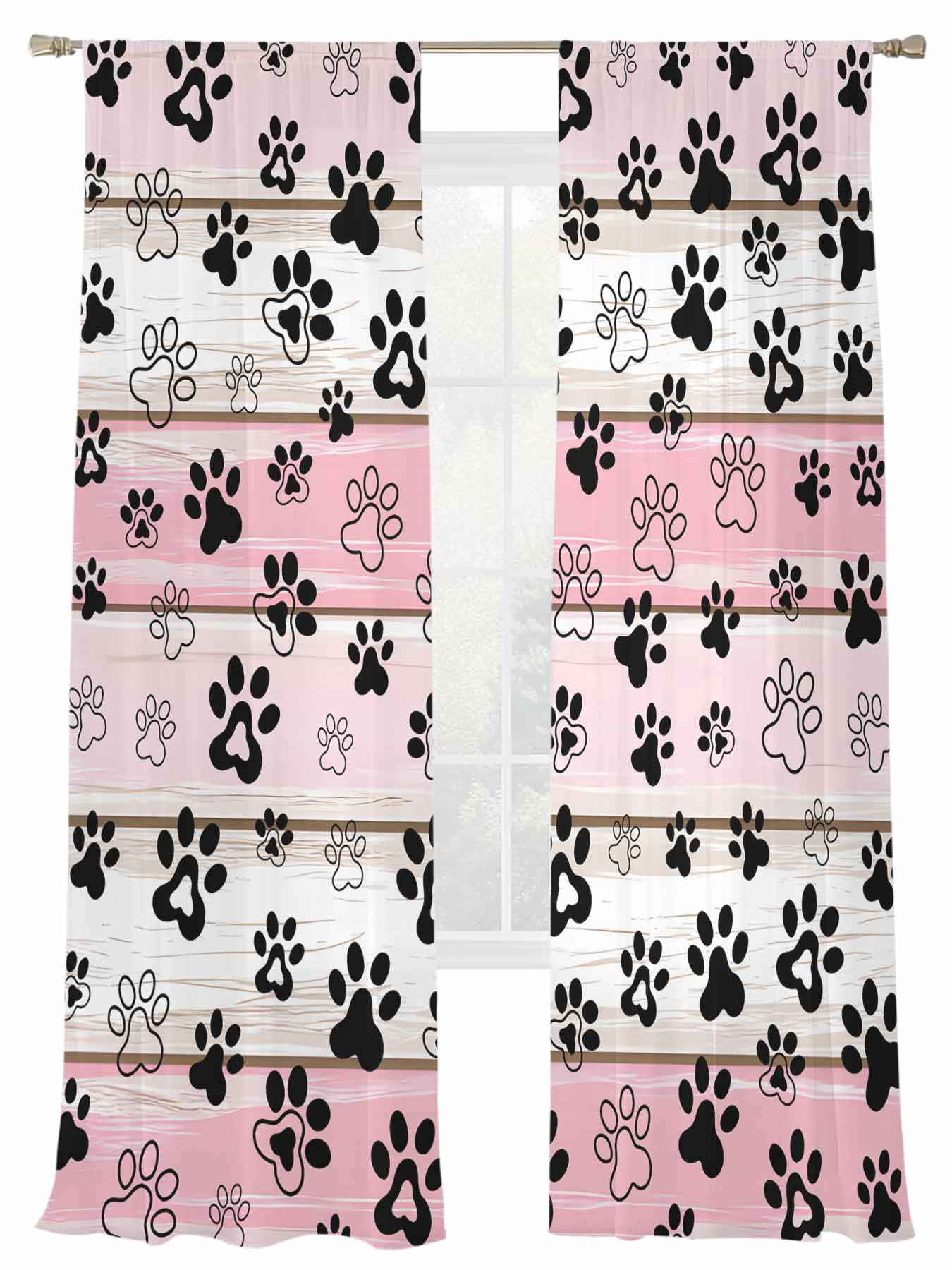 Dog Paw Sheer Curtains 108 inches Long, Pink Wood Grain Light Filtering ...
