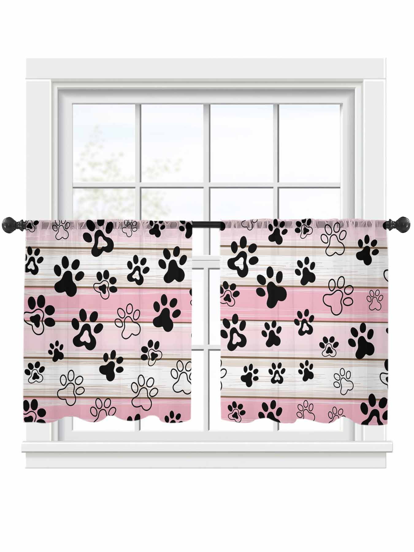 Dog Paw Sheer Curtains 54 Inch Long 2 Panels, Pink Wood Grain Farmhouse ...