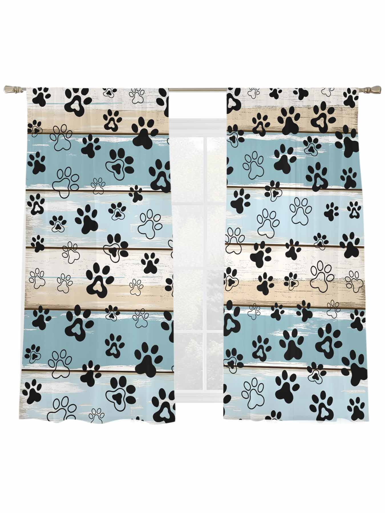 Dog Paw Sheer Curtains 63 Inch Long 2 Panels, Blue Wood Grain Farmhouse ...