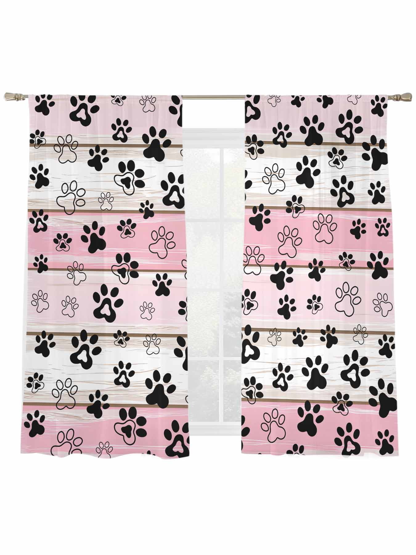 Dog Paw Sheer Curtains 72 Inch Long 2 Panels, Pink Wood Grain Farmhouse ...