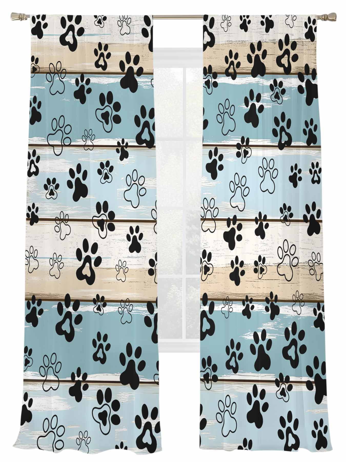 Dog Paw Sheer Curtains 96 Inch Long 2 Panels, Blue Wood Grain Farmhouse ...