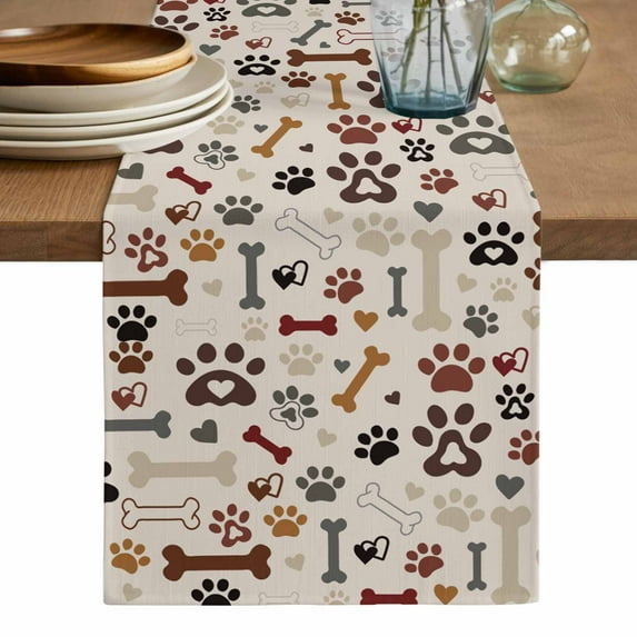 Dog Paw Table Runner, Vintage Farmhouse Dog Bones Love Heart Washable ...