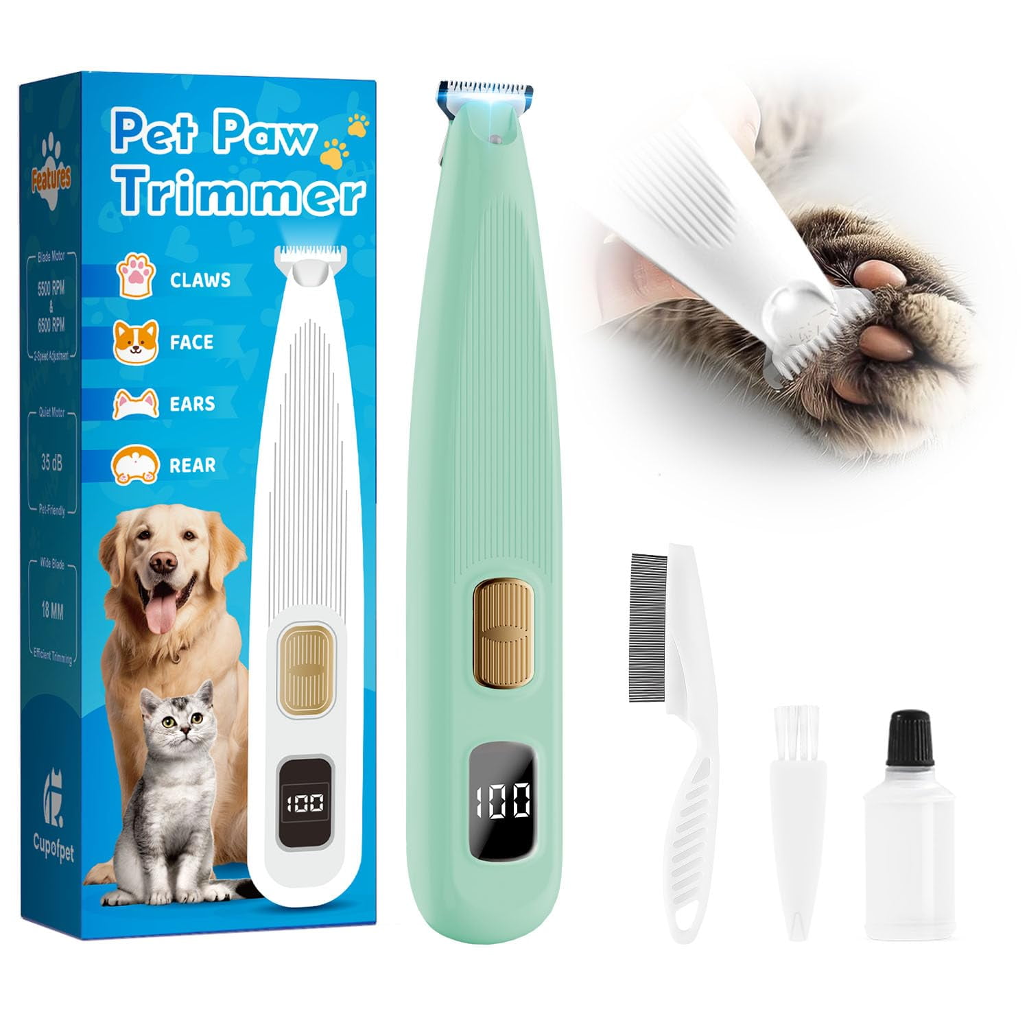Dog Paw Trimmer with DPF11 LED Light, 35dB Low Noise Precision Pet Paw ...